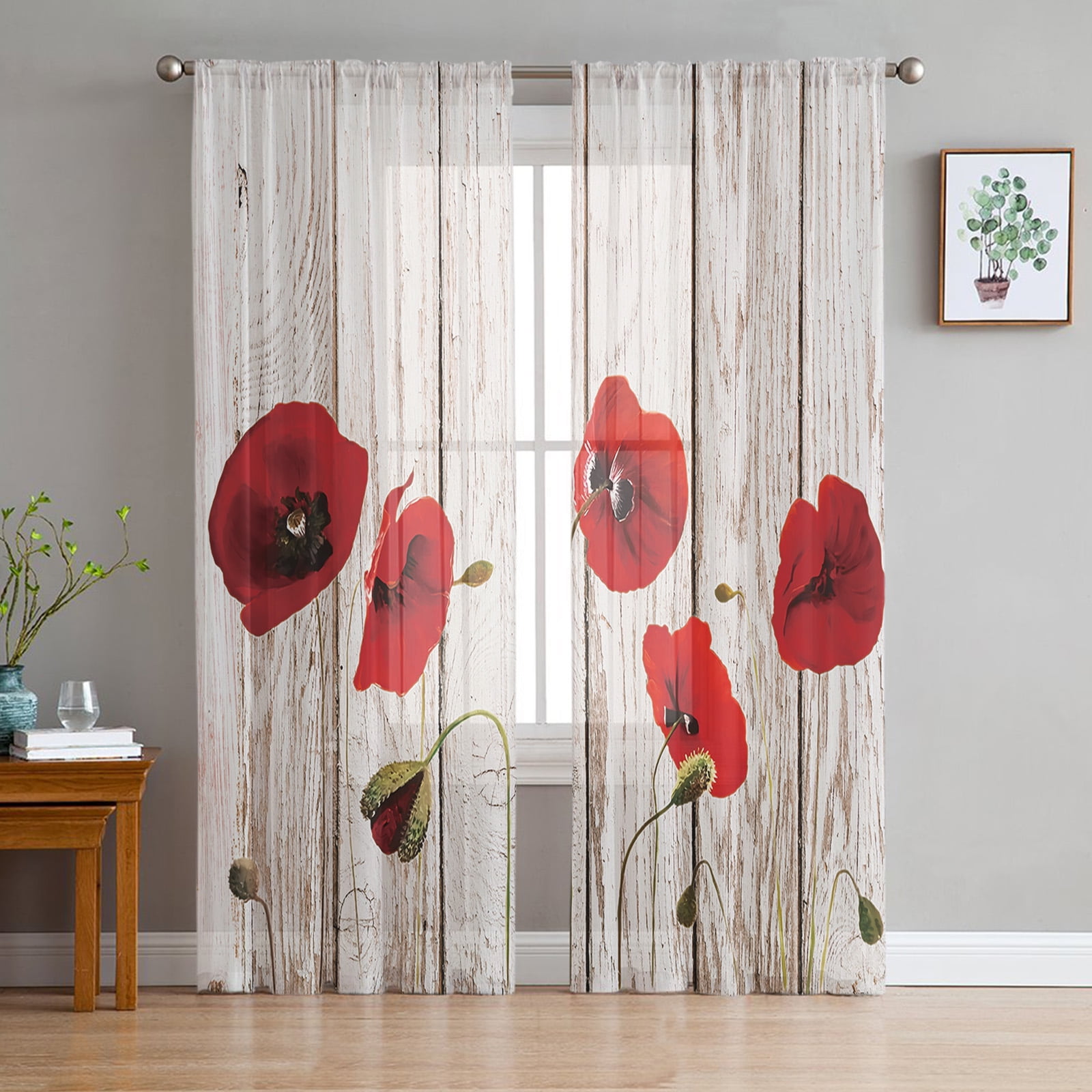 Vintage Wooden Red Poppy Flower Tulle Curtains for Living Room Bedroom ...