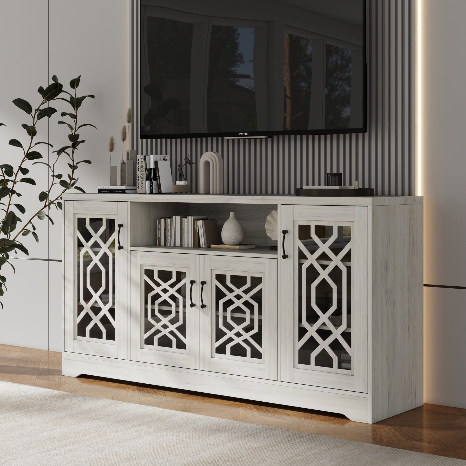 Vintage Wooden TV Stand for 65+ Inch TV, Rustic Media Console with Storage Shelves, Wood ...