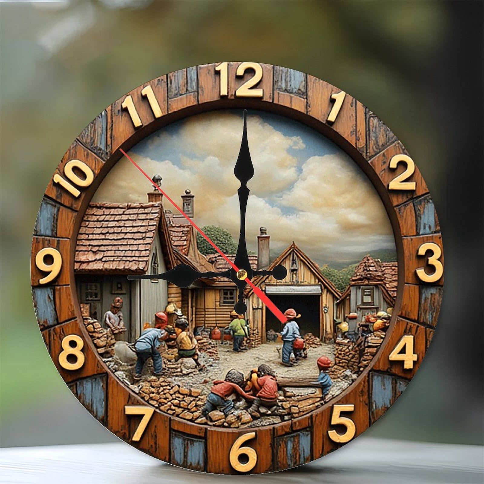 Vintage Wooden Village Scene Wall Clock 10-Inch Silent Wooden Wall ...
