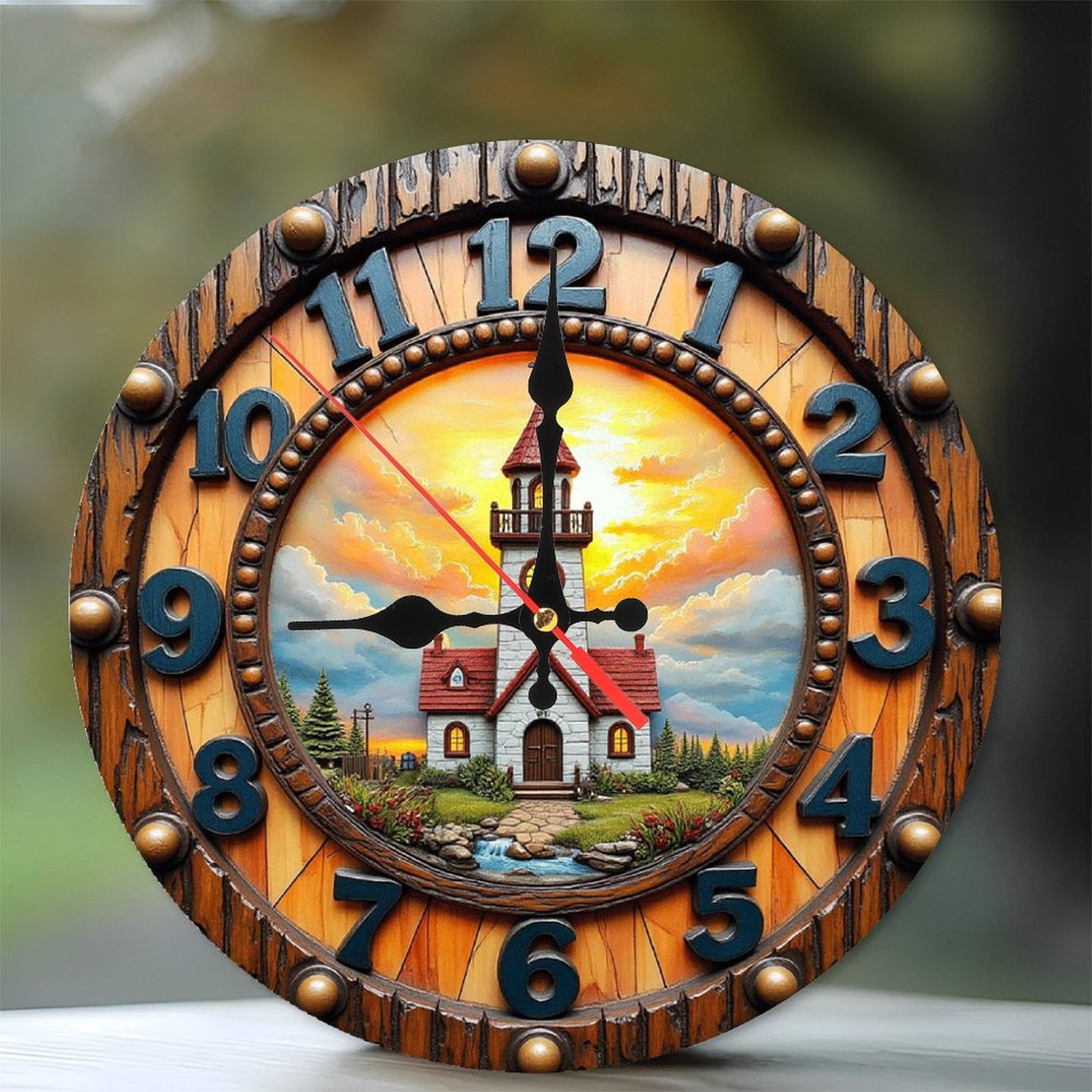 Vintage Wooden Wall Clock with Beautiful Church Design 10-Inch Silent ...
