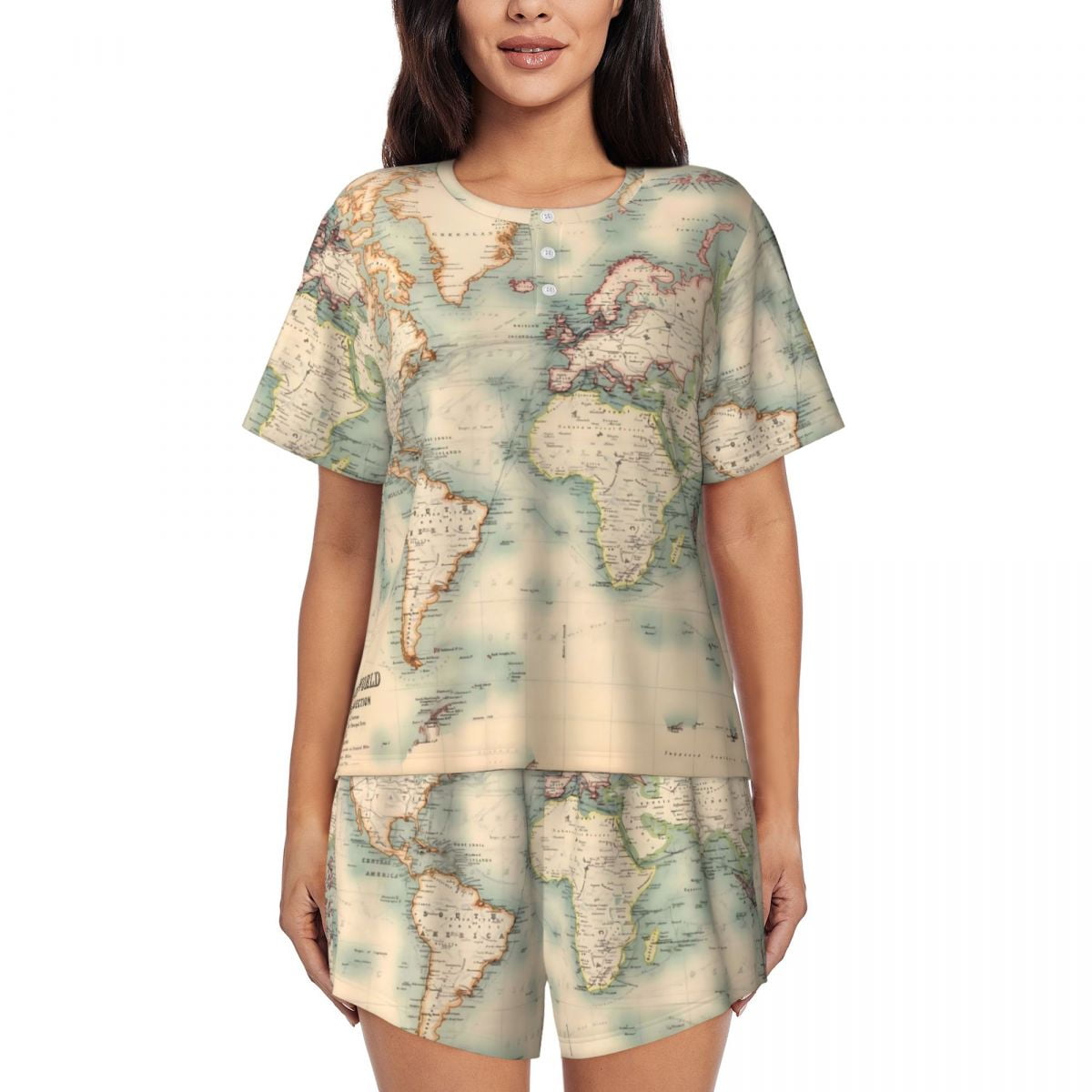 Vintage World Map 1801 Pajamas Historical Map Night O Neck Home Suit ...
