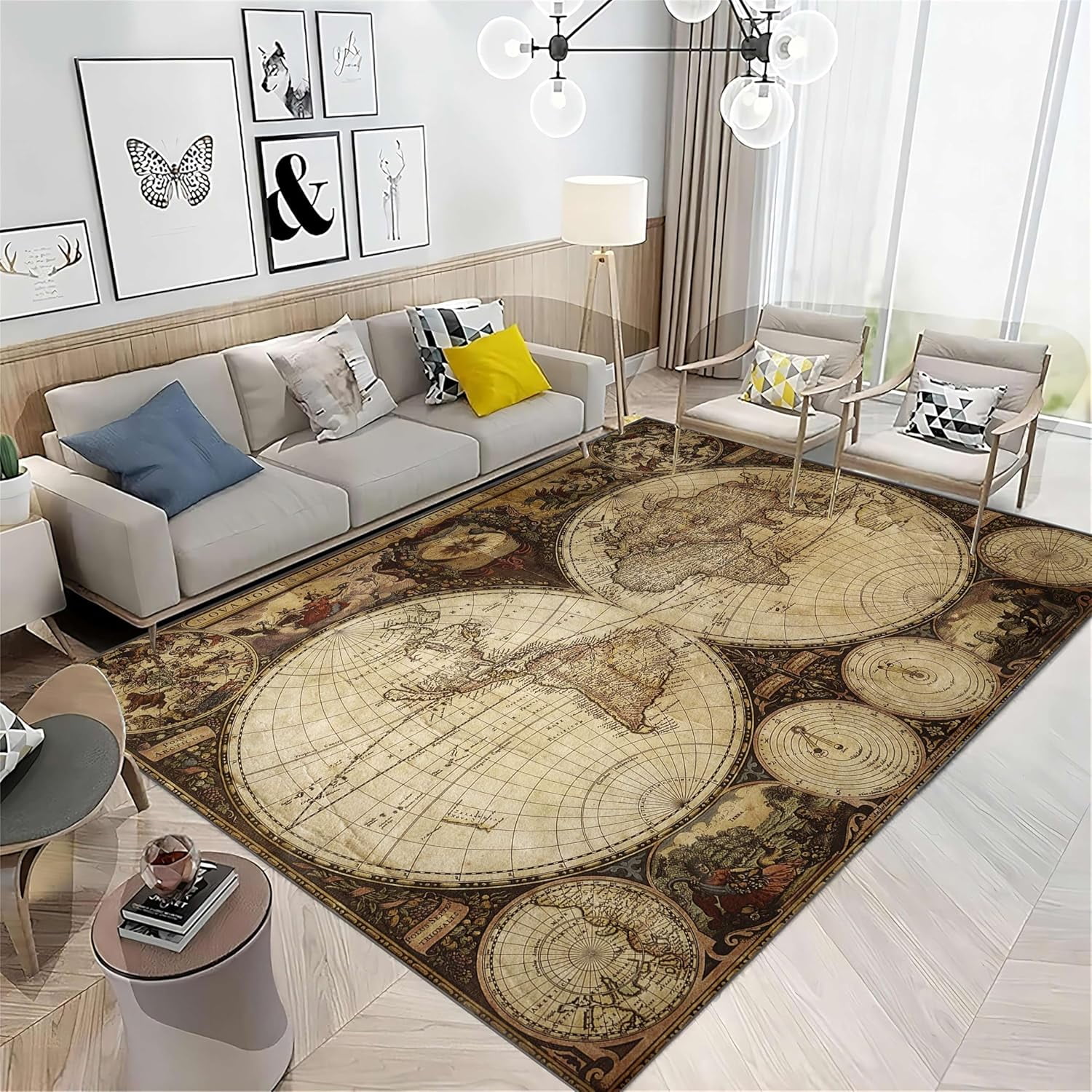 Vintage World Map Area Rug, Brown Vintage Compass, Nostalgic Style Art ...