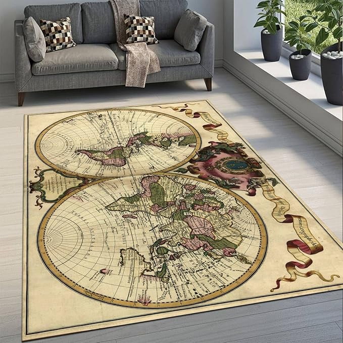 Vintage World Map Area Rug For Living Room Bedroom, Old Style Printed ...
