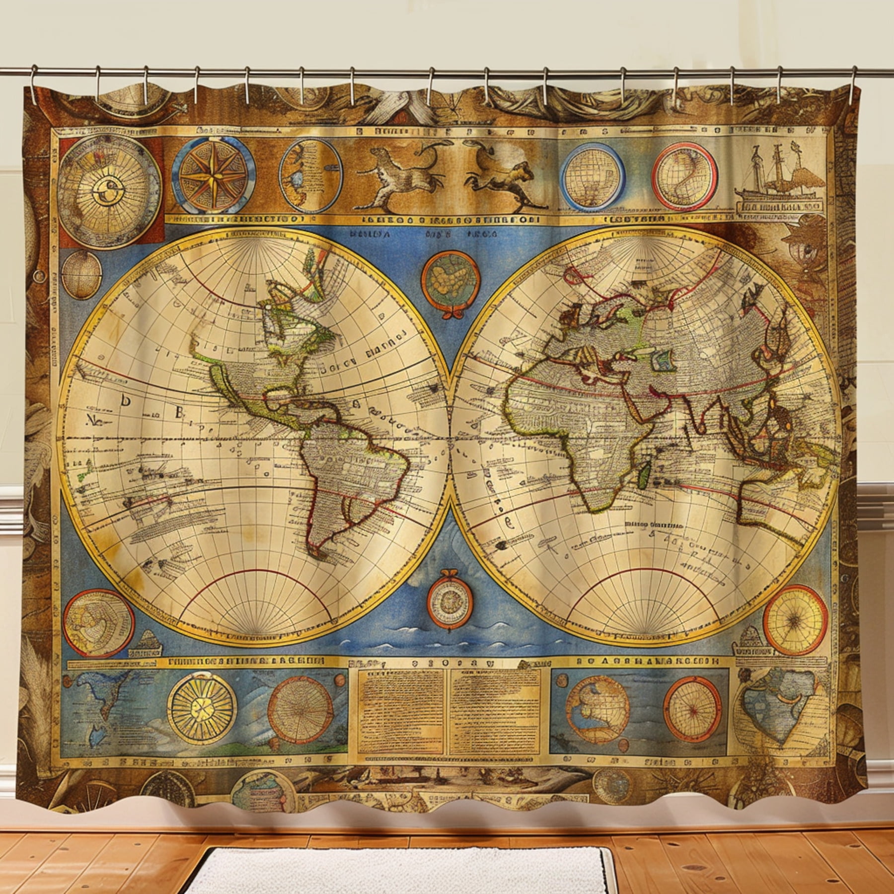 Vintage World Map Bathroom Curtain Set with Matching Kitchen Golden ...
