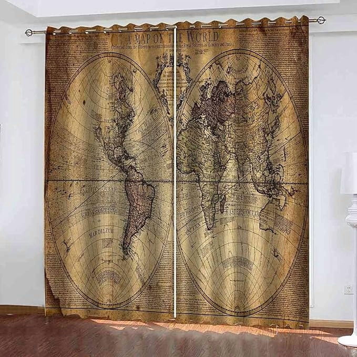 Vintage World Map Blackout Curtains, 3D Ancient Map Print Window ...