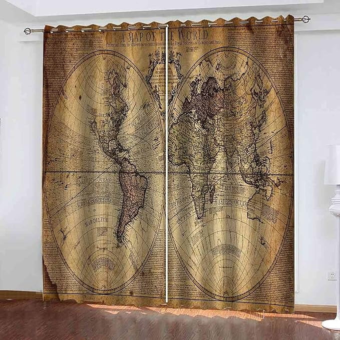 Vintage World Map Blackout Window Curtain, Ancient Map 3D Printed ...