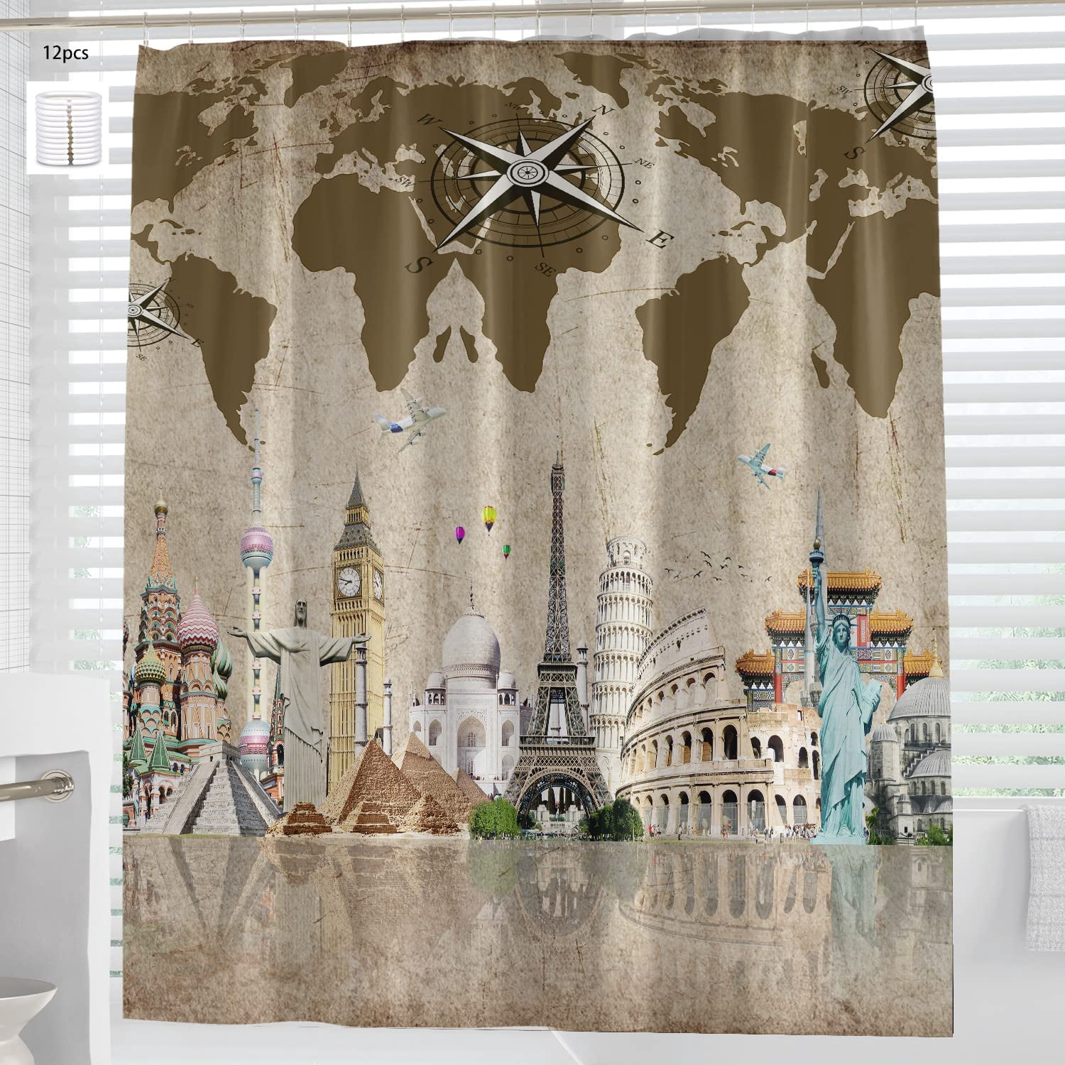 Vintage World Map Shower Curtain Famous Culture Landmark Statue of ...
