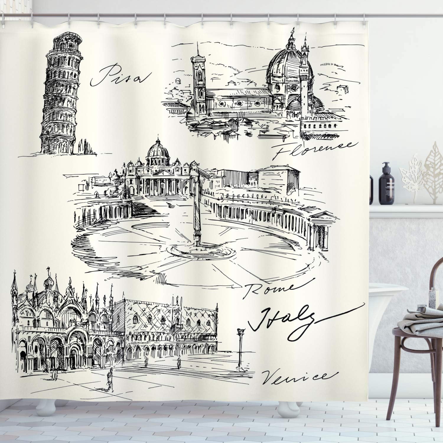Vintage World Map Shower Curtain Famous Culture Landmark Statue of ...