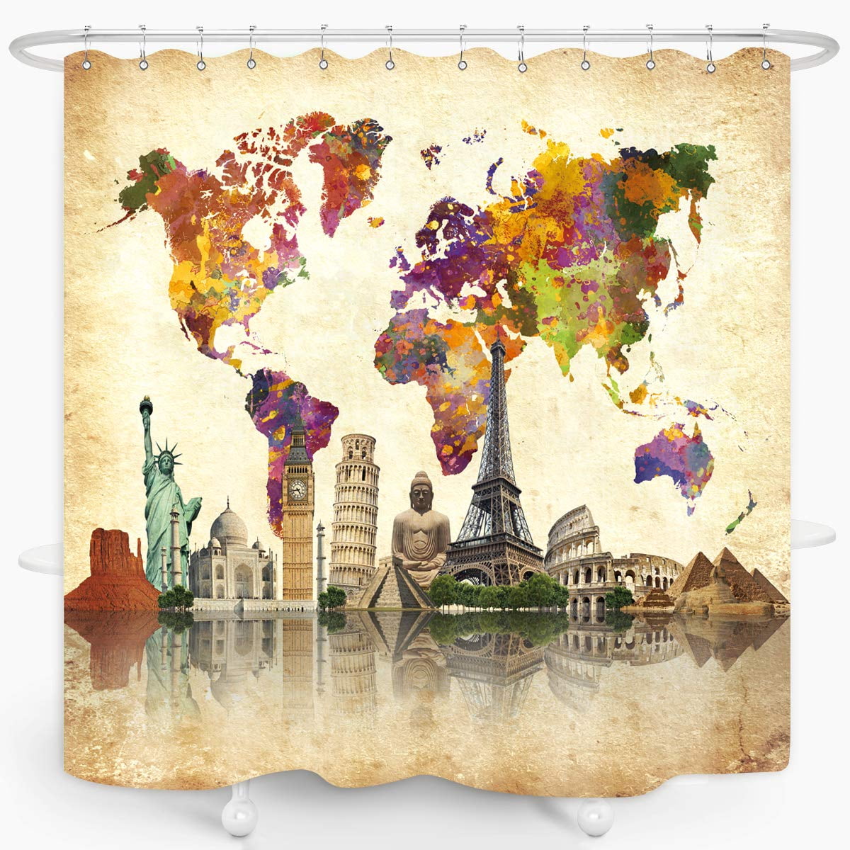 Vintage World Map Shower Curtain Famous Culture Landmark Statue of ...