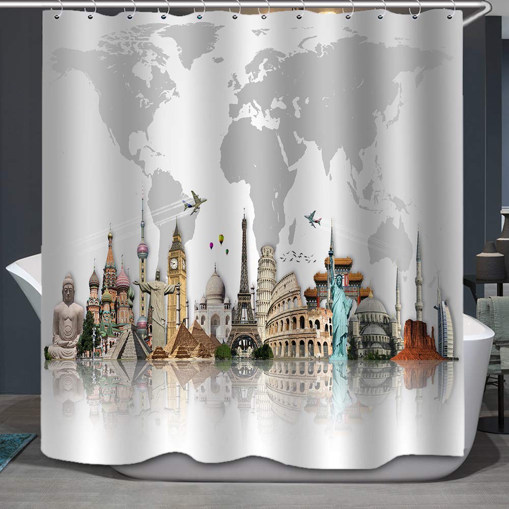 Vintage World Map Shower Curtain Famous Culture Landmark Statue of ...