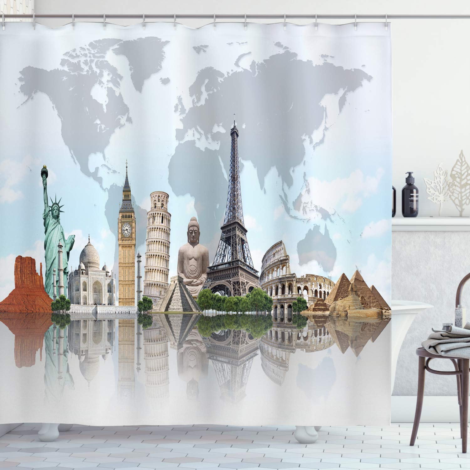 Vintage World Map Shower Curtain Famous Culture Landmark Statue of ...