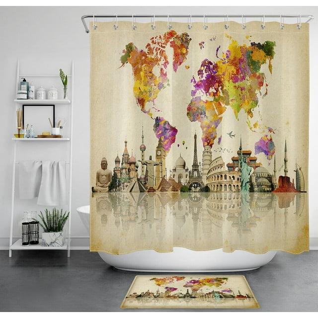 Vintage World Map Shower Curtain Set: A Timeless Addition to Your ...