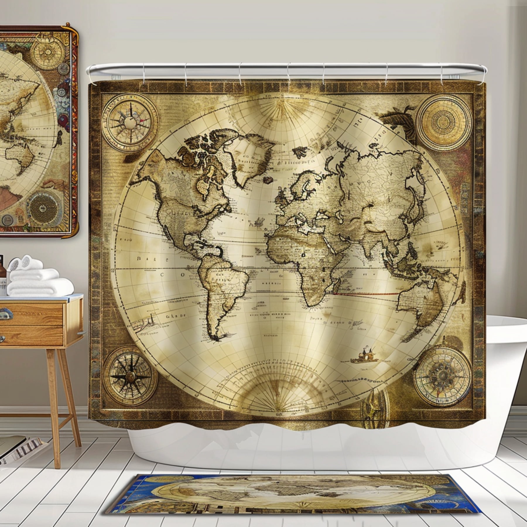 Vintage World Map Shower Curtain Set with Golden Borders on Antique ...