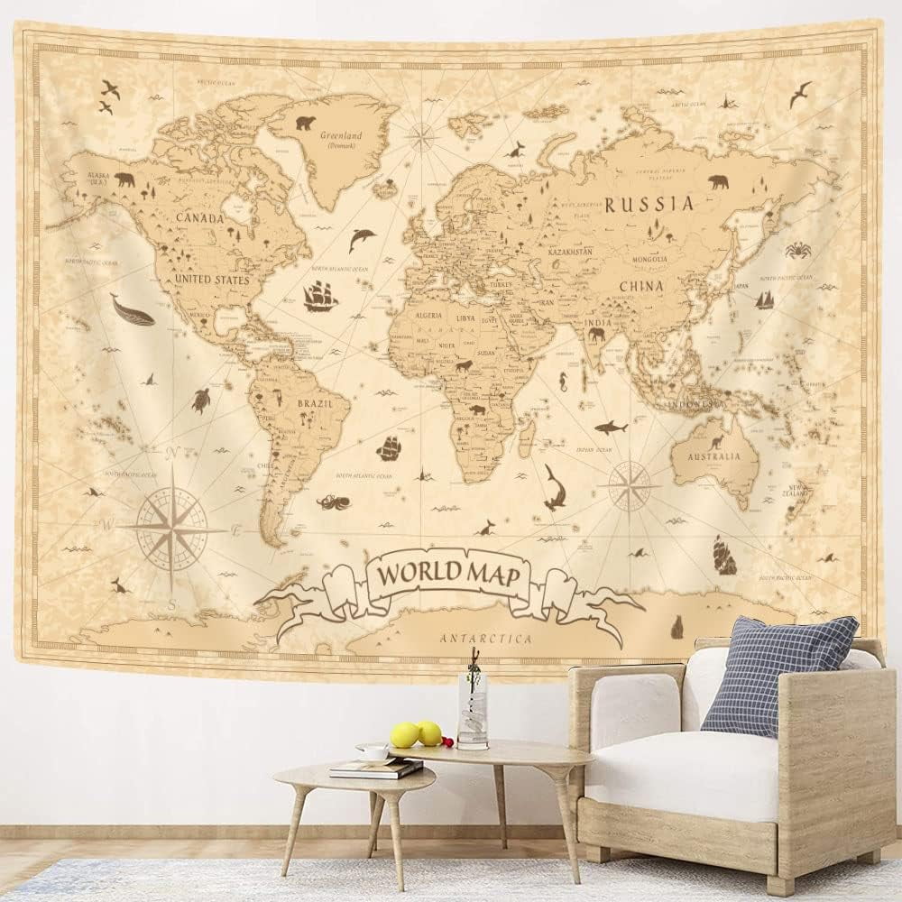 Vintage World Map Tapestry Wall Hanging for Students Kids, Educational ...