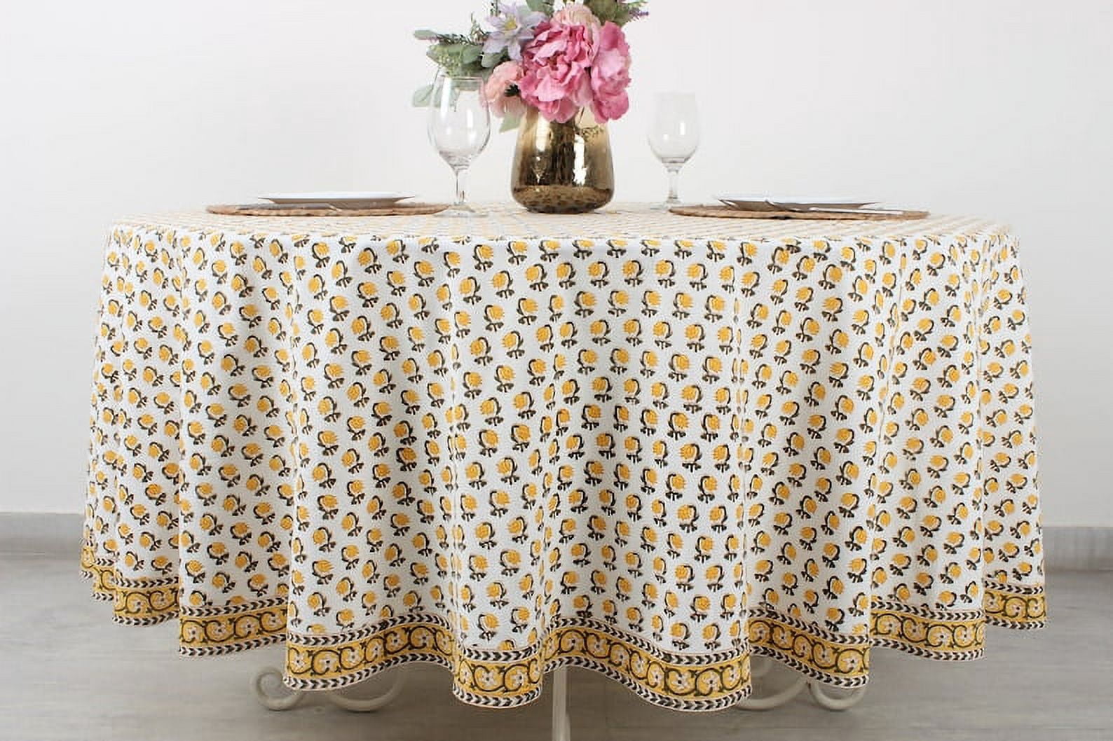 Vintage Yellow Drip Flower Round Tablecloth, Indian Floral Hand Block ...