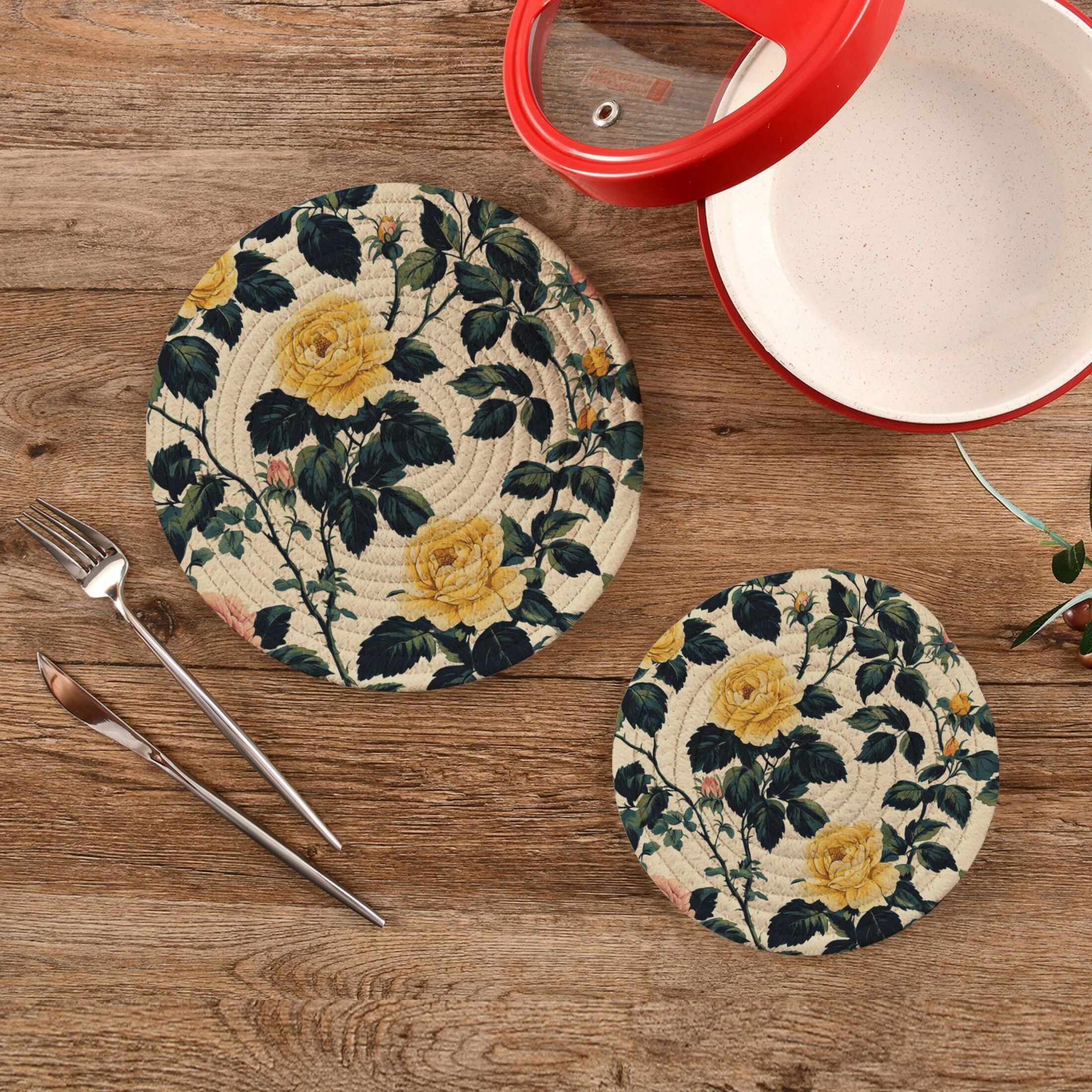 Vintage Yellow Flowers Trivet Mats Set Cotton Woven Non-Slip Pot ...