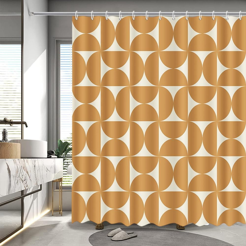 Vintage Yellow Shower Curtain Modern Mid Century Abstract Geometric Bathroom Curtain Boho Retro ...