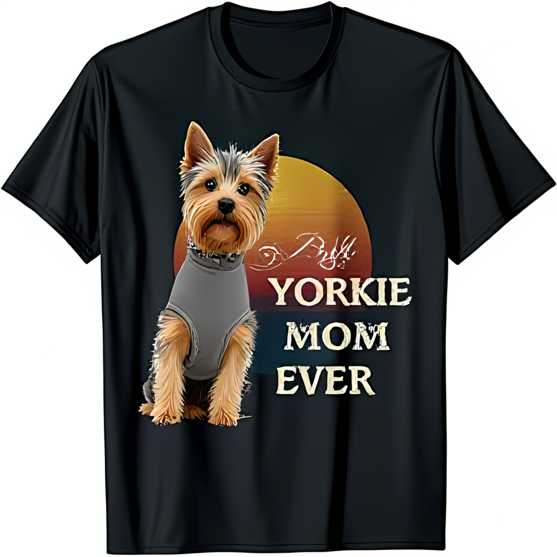 Vintage Yorkie Mom Black T-Shirt with Terrier and Sunset Design ...