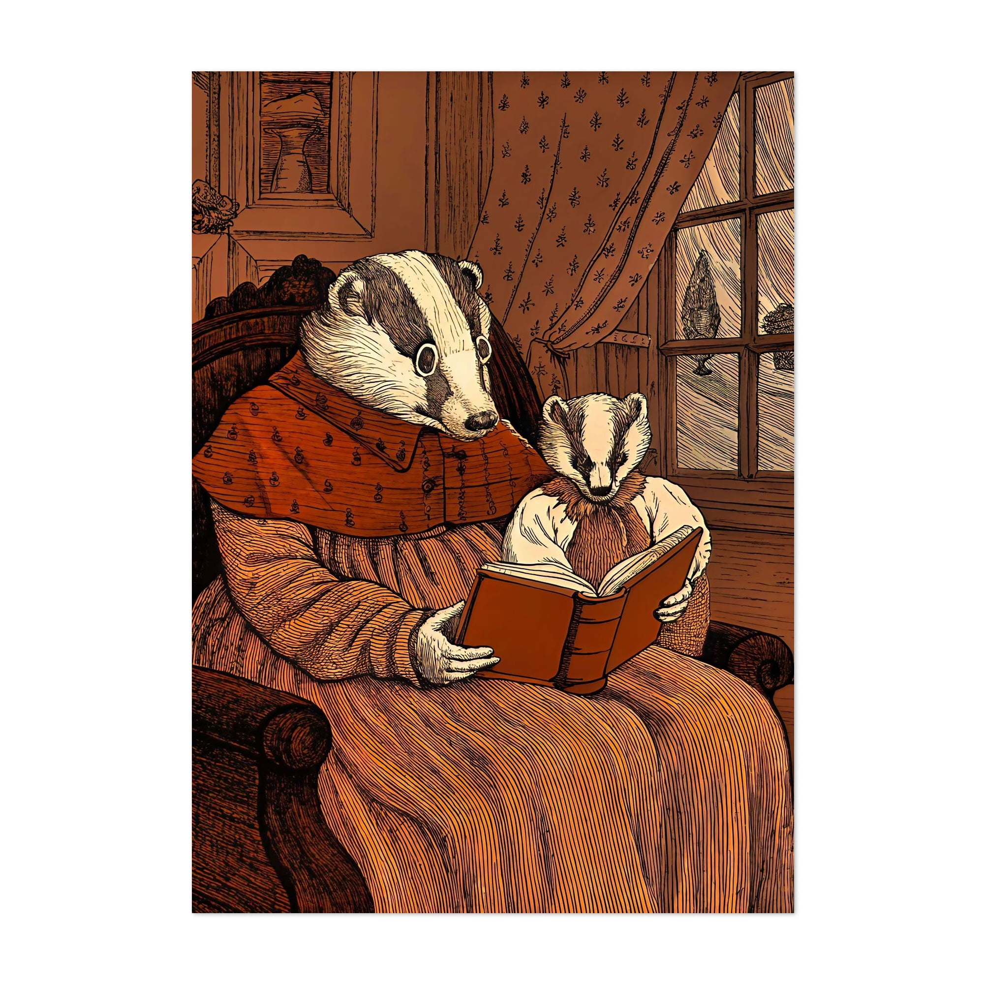 Vintage badger reading a book to a young badger - Illustration Reading ...