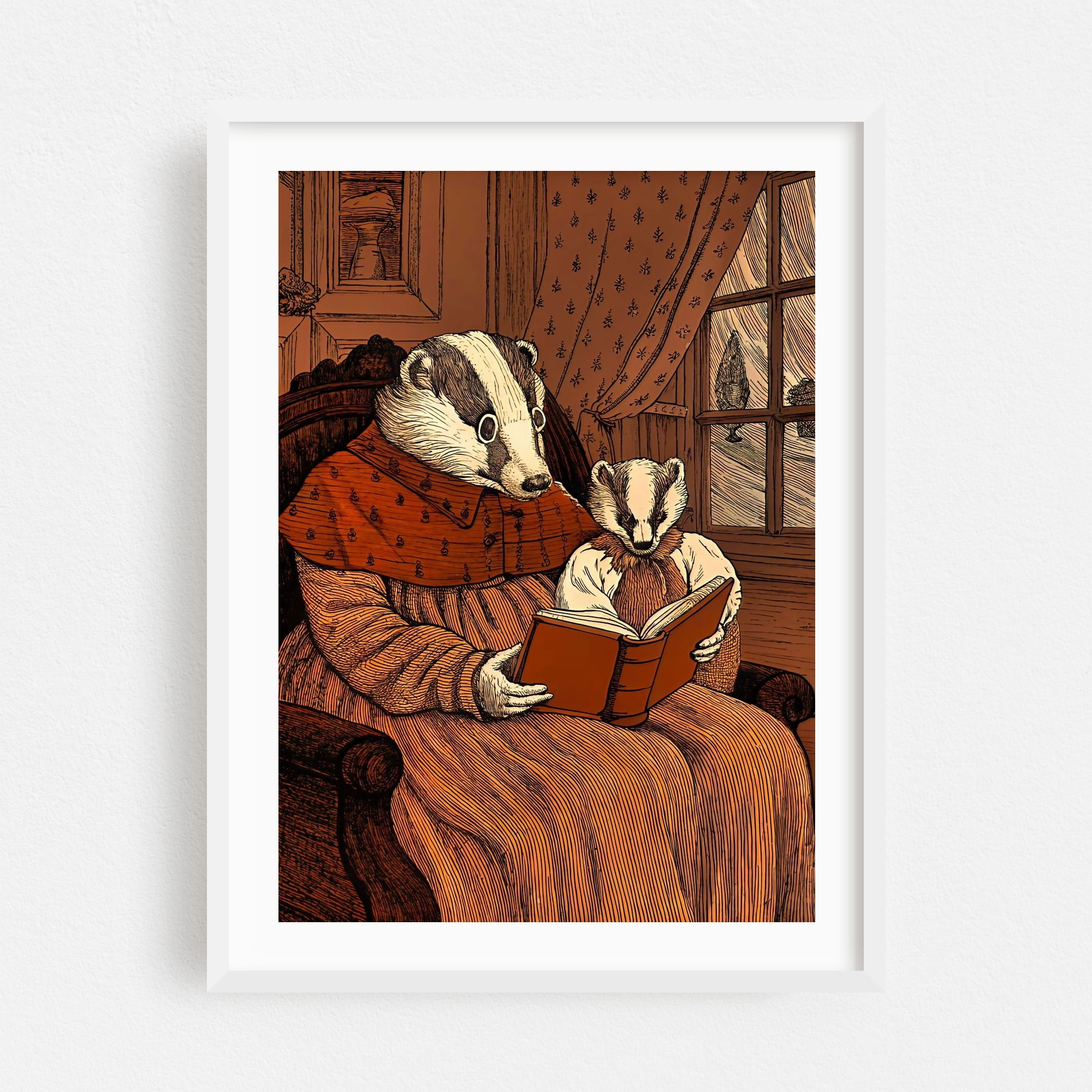 Vintage badger reading a book to a young badger - Illustration Reading ...