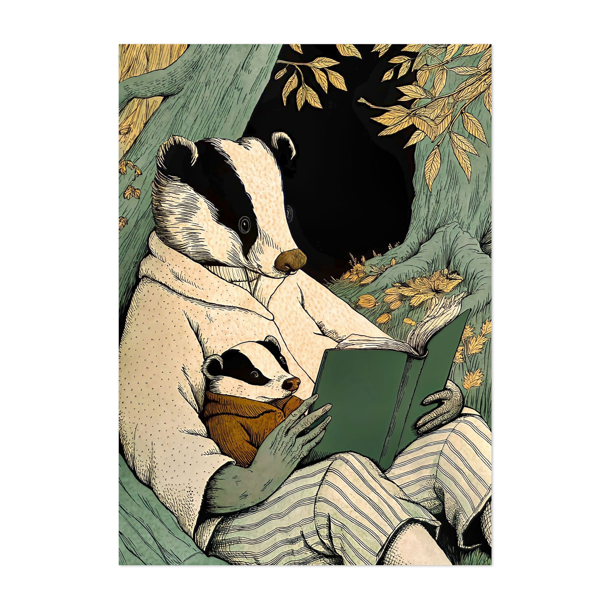 Vintage badger reading a-book-to a young badger - Illustration Reading ...