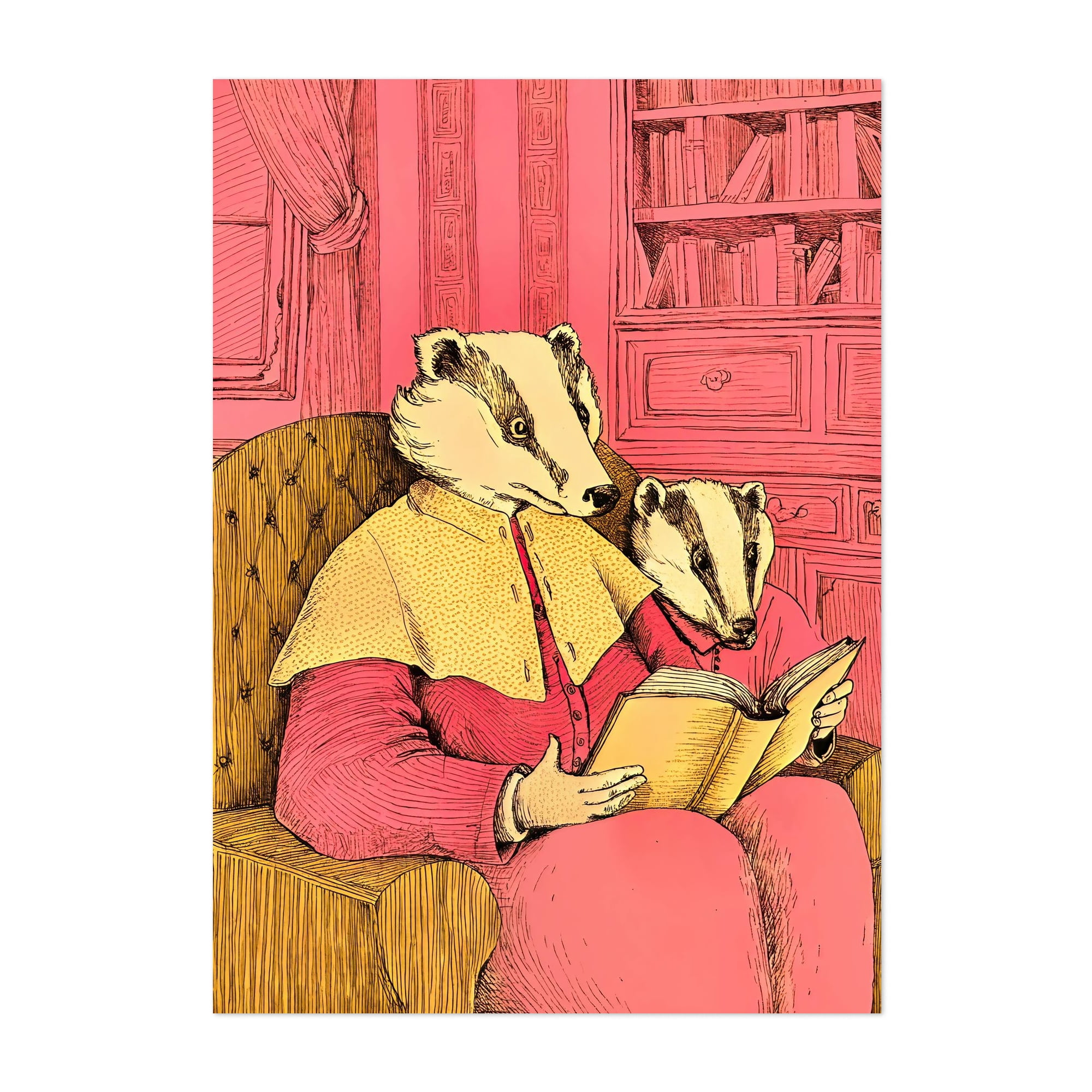 Vintage badgers reading a book - Illustration Reading Animal Surrealism ...