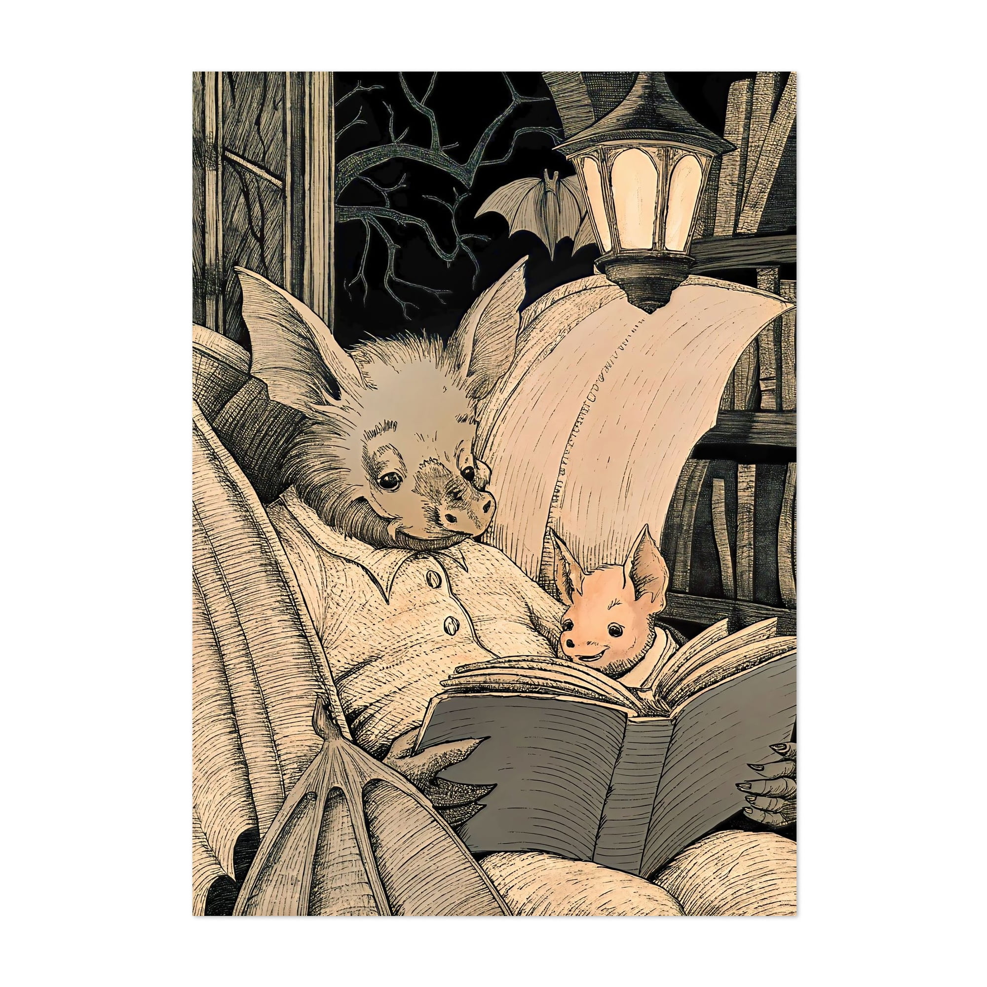 Vintage bats reading a book - Illustration Whimsical Reading Animal ...