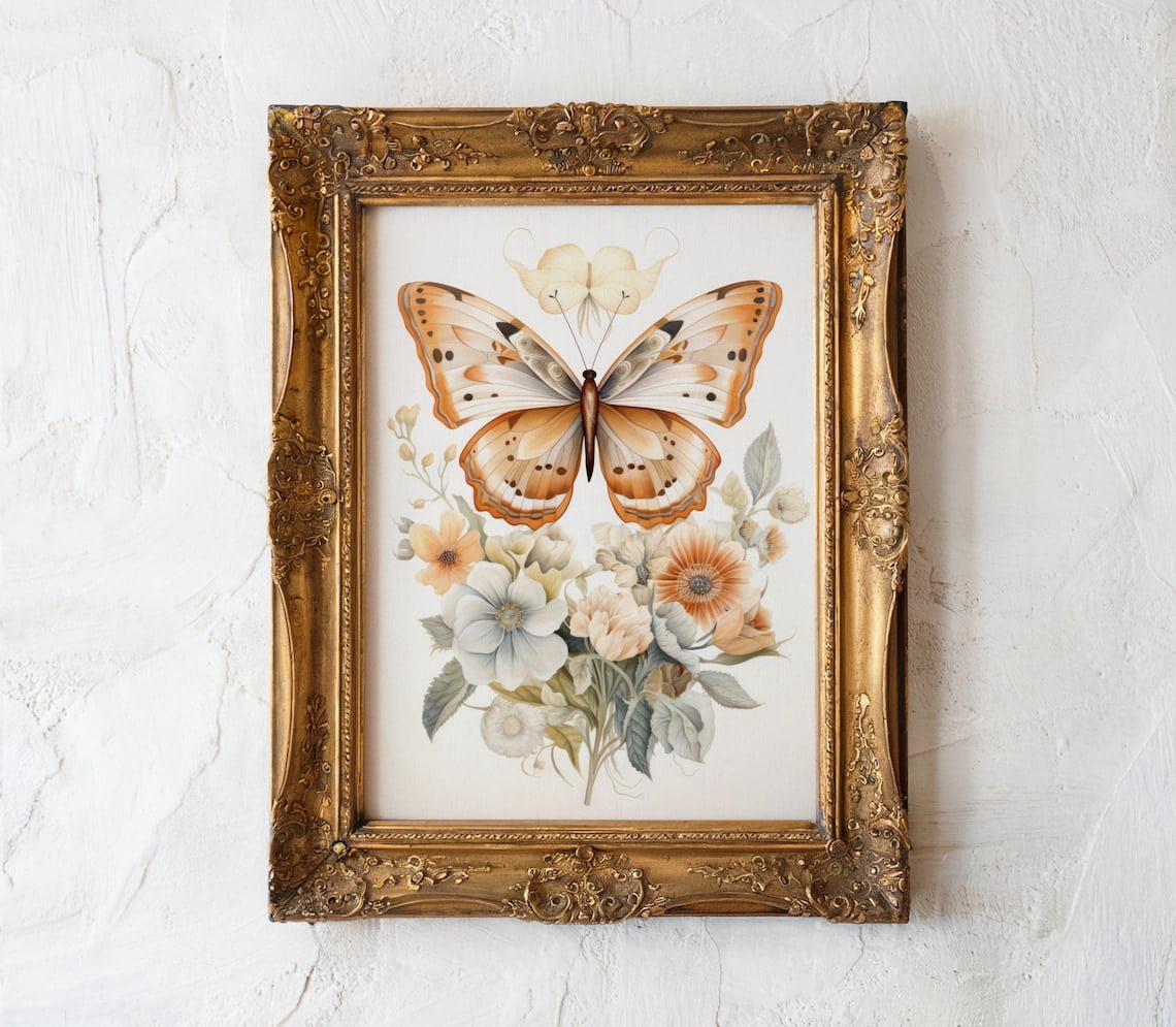 Vintage butterfly flowers Poster boho floral picture wall art Poster ...