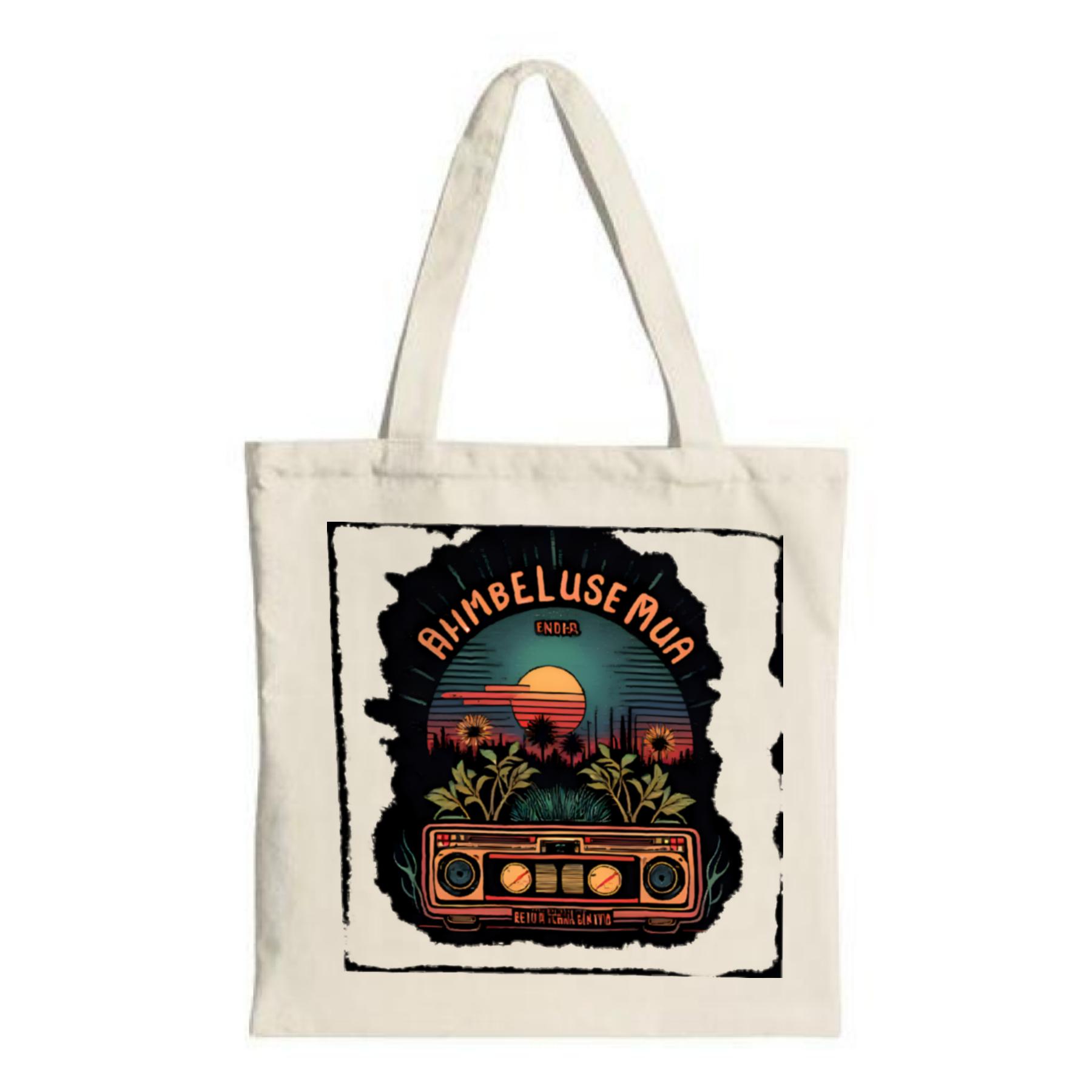 Vintage cassette tape tote bag with vibrant sunset skyline sunflowers ...