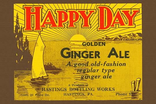 Vintage defunct soda label from a ginger ale. The label shows a sunrise ...