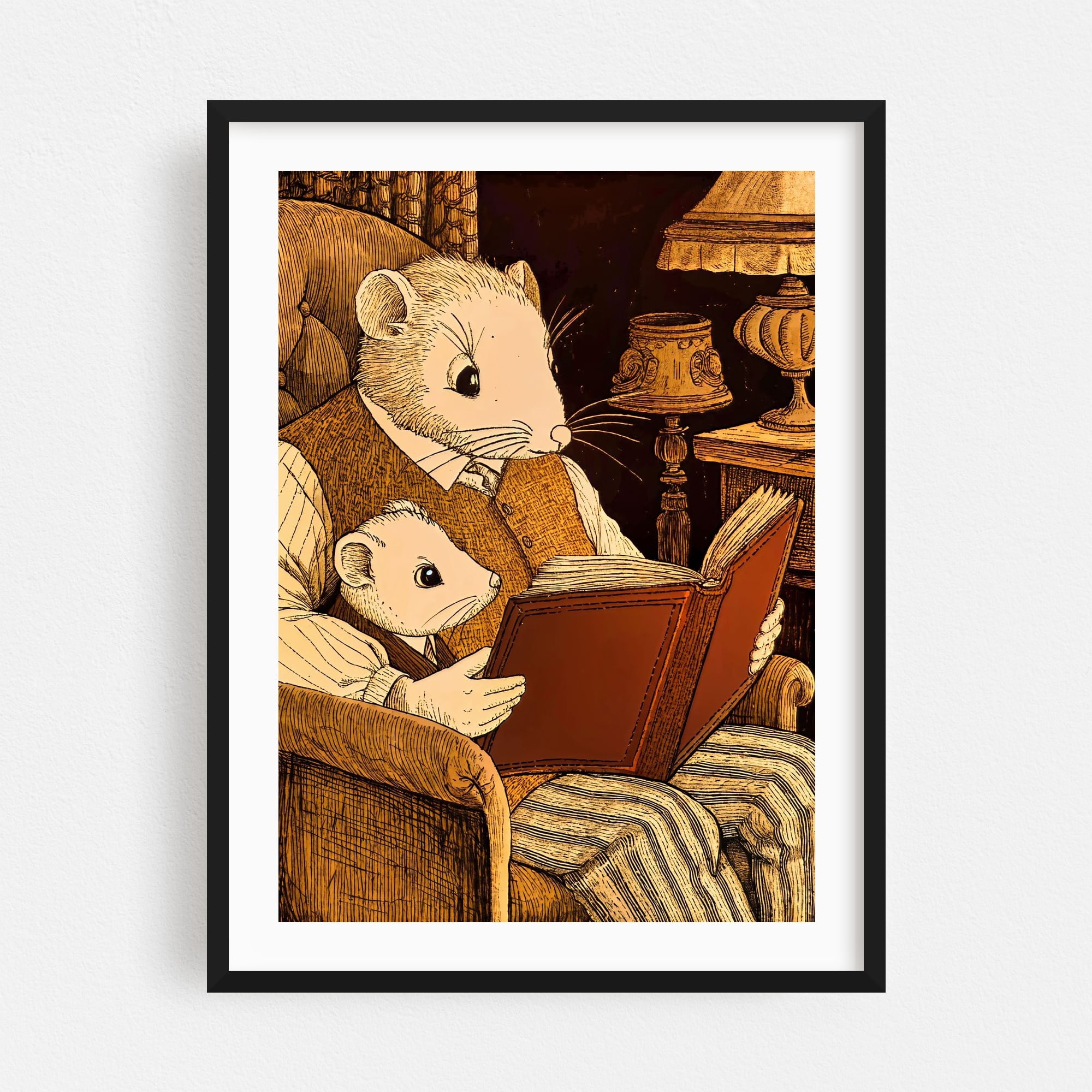 Vintage ferret reading a book to a young ferret (3)_upscale ...
