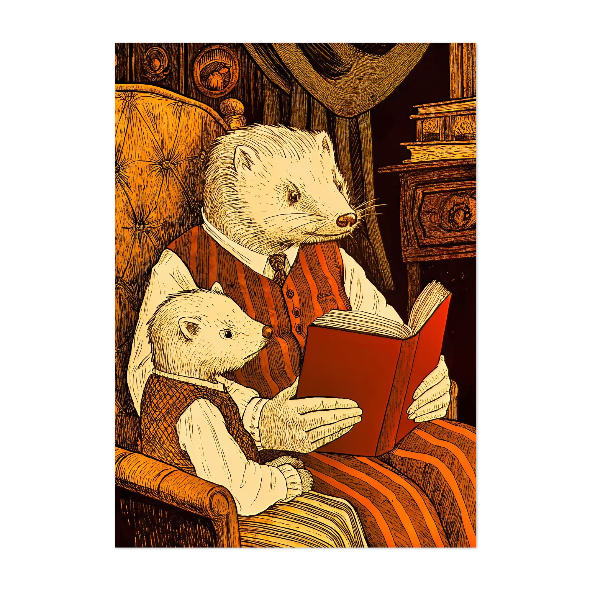 Vintage ferrets reading a book - Illustration Reading Animal Whimsical ...