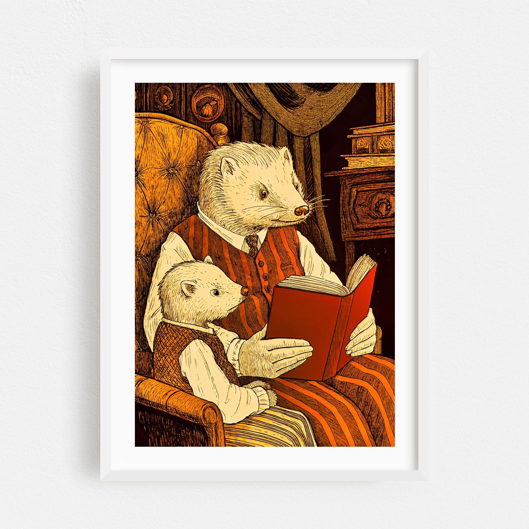 Vintage ferrets reading a book - Illustration Reading Animal Whimsical ...