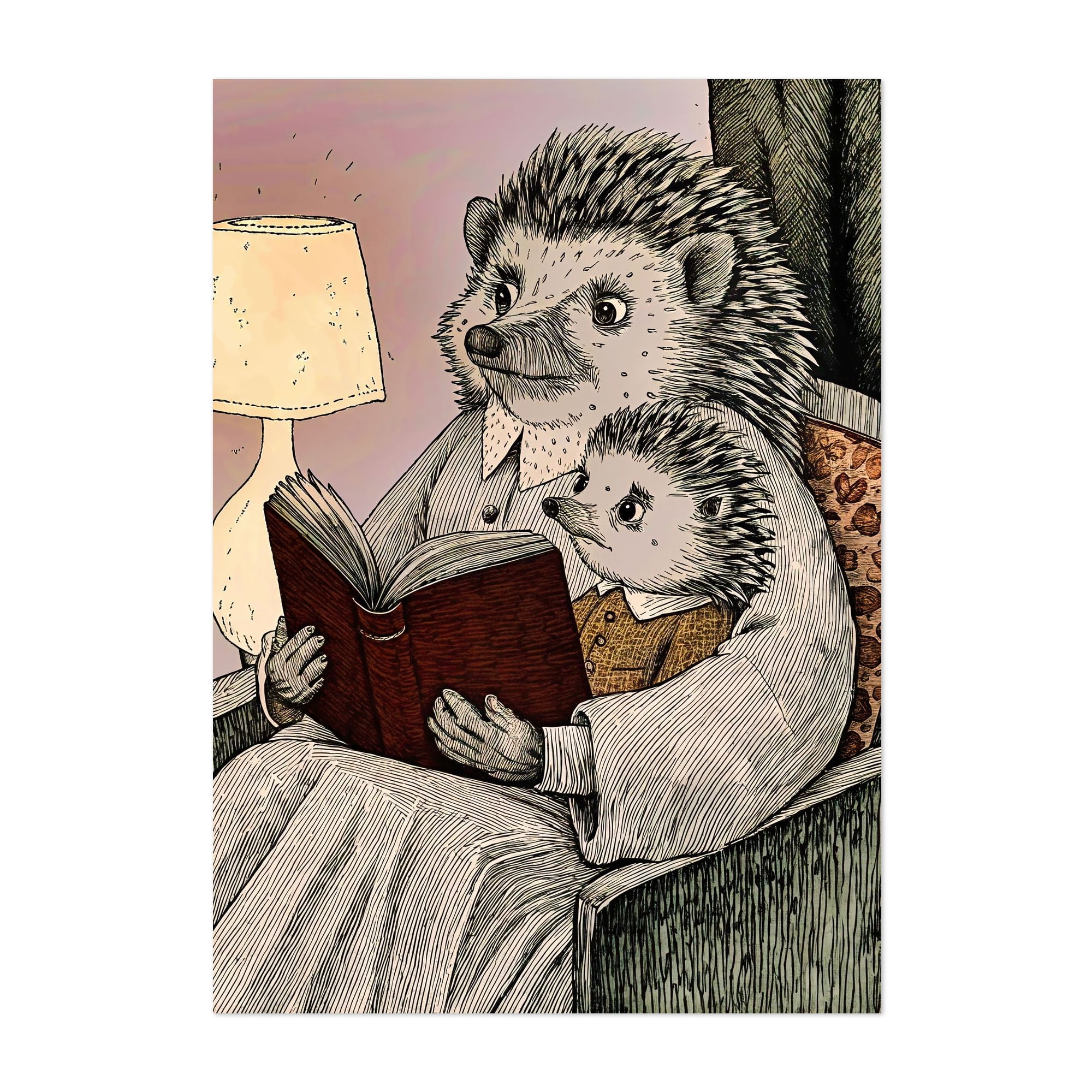 Vintage hedgehog reading a book to a young hedgehod - Illustration ...