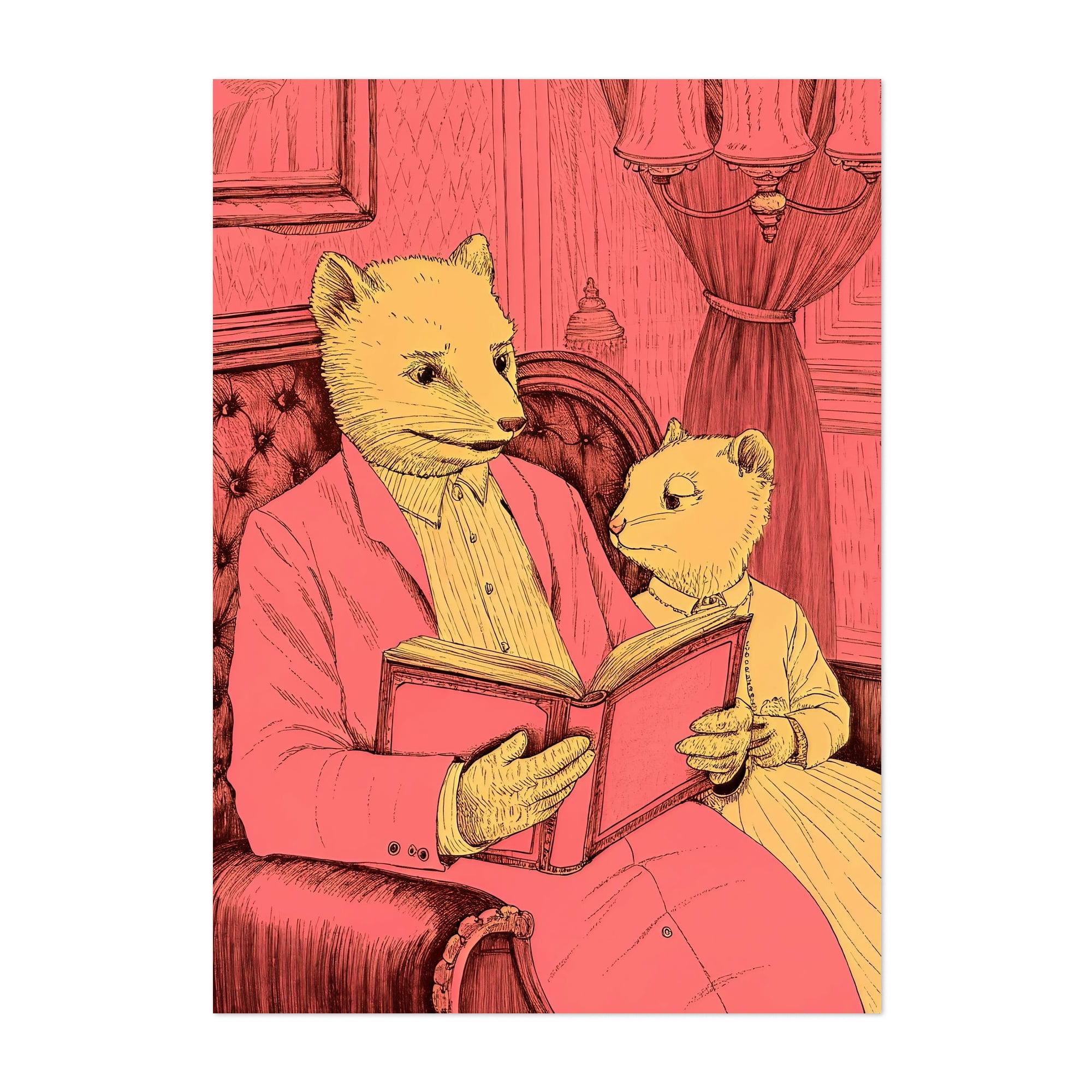 Vintage marten reading a book to a young marten - Illustration Animal ...