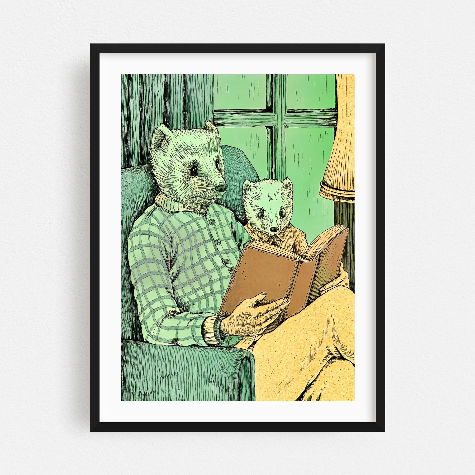 Vintage marten reading with a young marten - Illustration Reading ...