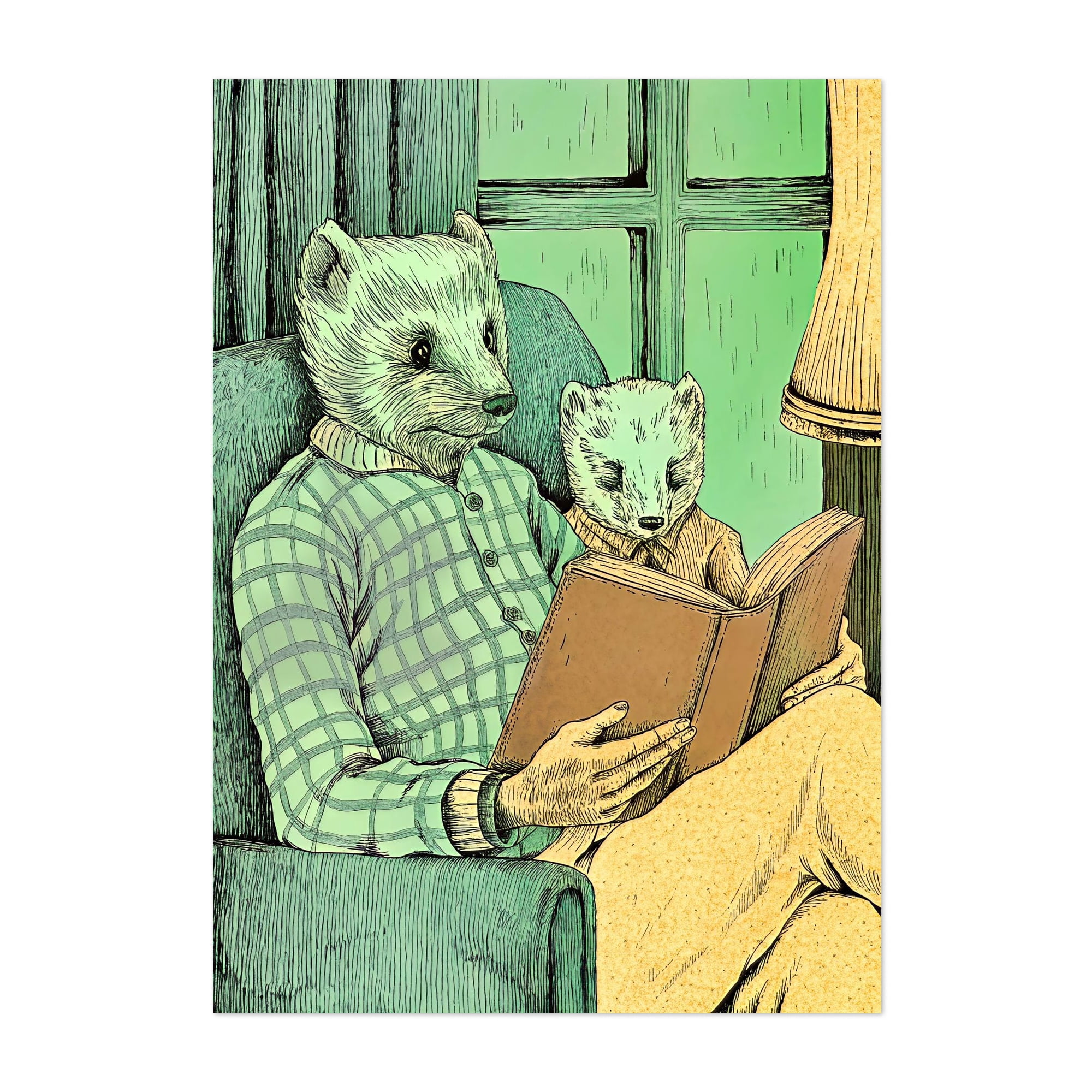 Vintage marten reading with a young marten - Illustration Reading ...