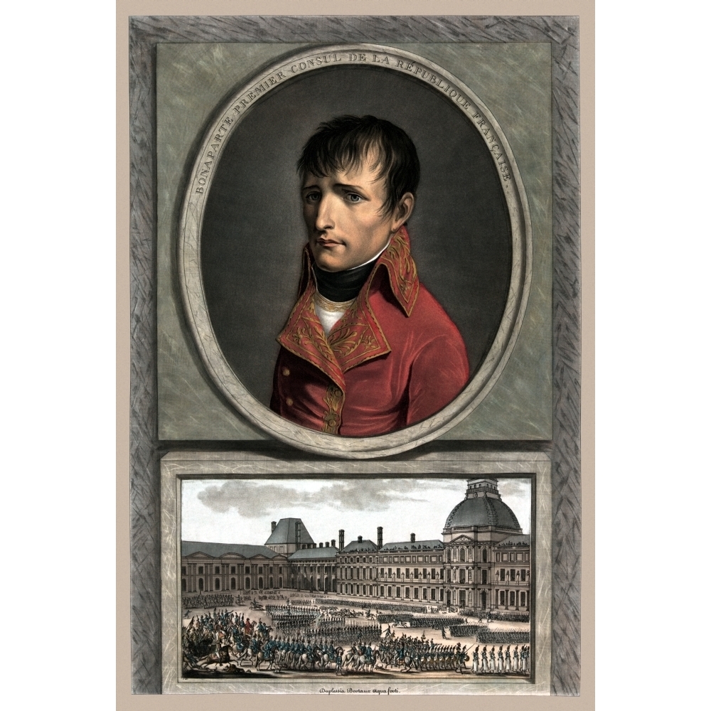 Vintage military portrait of Napoleon Bonaparte above a troop review ...