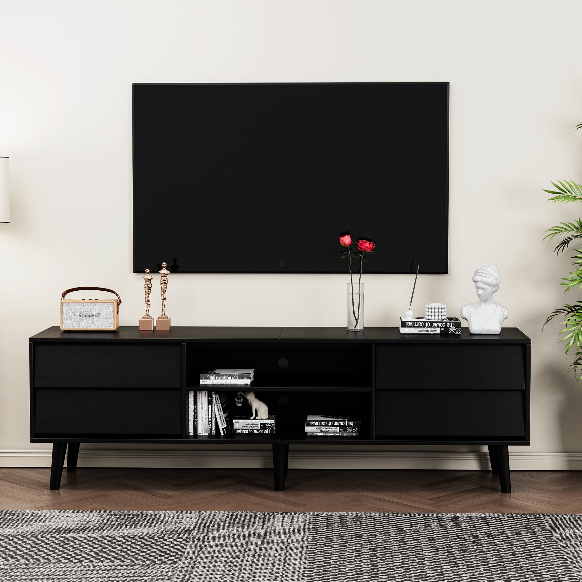 Vintage-style 63 Inch Black Tv Stand With Drawers And Bevel Detail, For ...