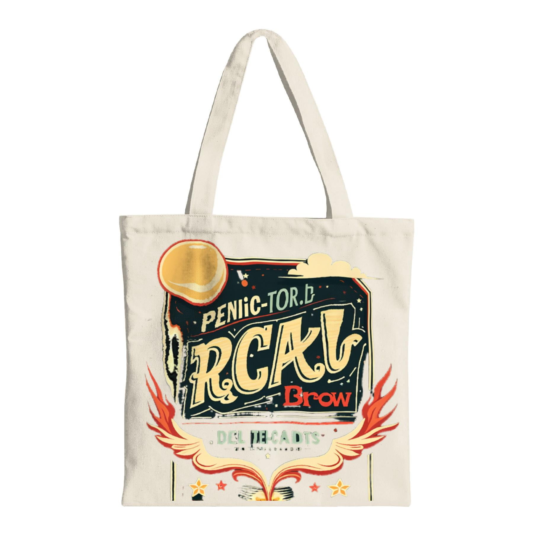 Vintage - style tote bag featuring bold colorful text " PENICIO T R L R ...