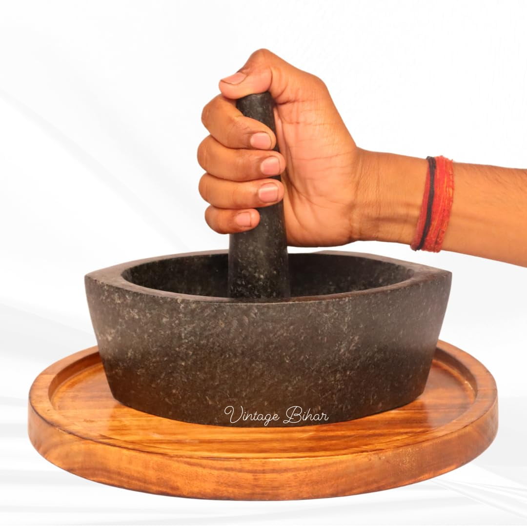 VintageBihar Hansraj Stone Mortar and Pestle Set Boat Shape Khalbatta Silbatta for Kitchen ...