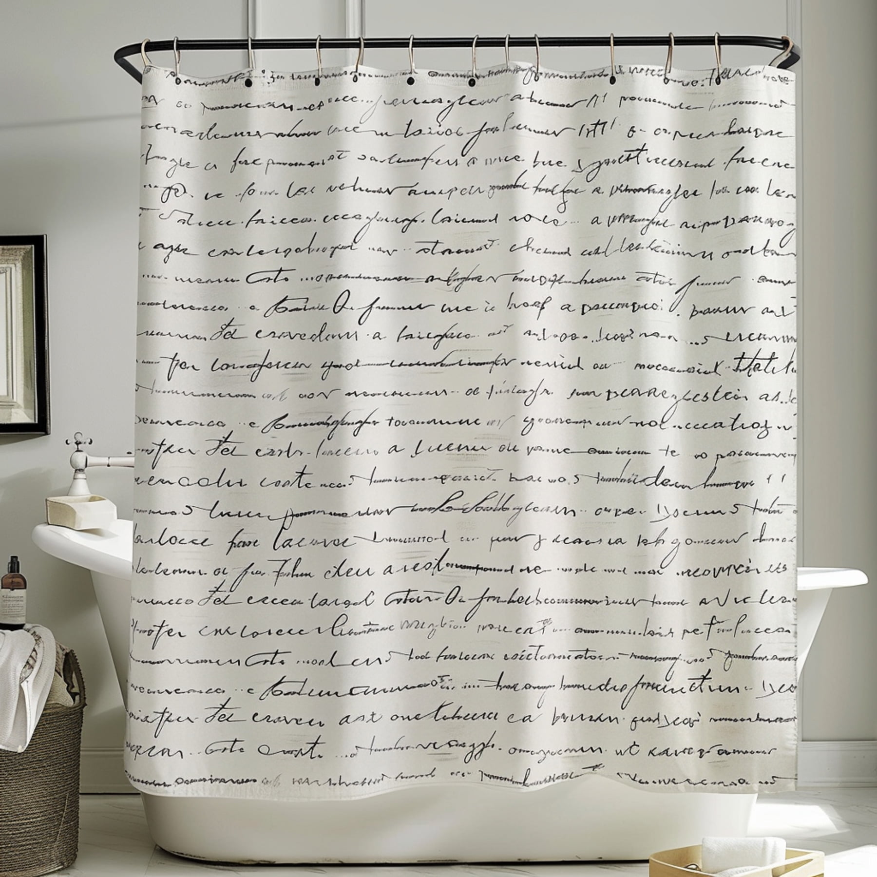 VintageStyle White Shower Curtain with Handwritten Script Design ...
