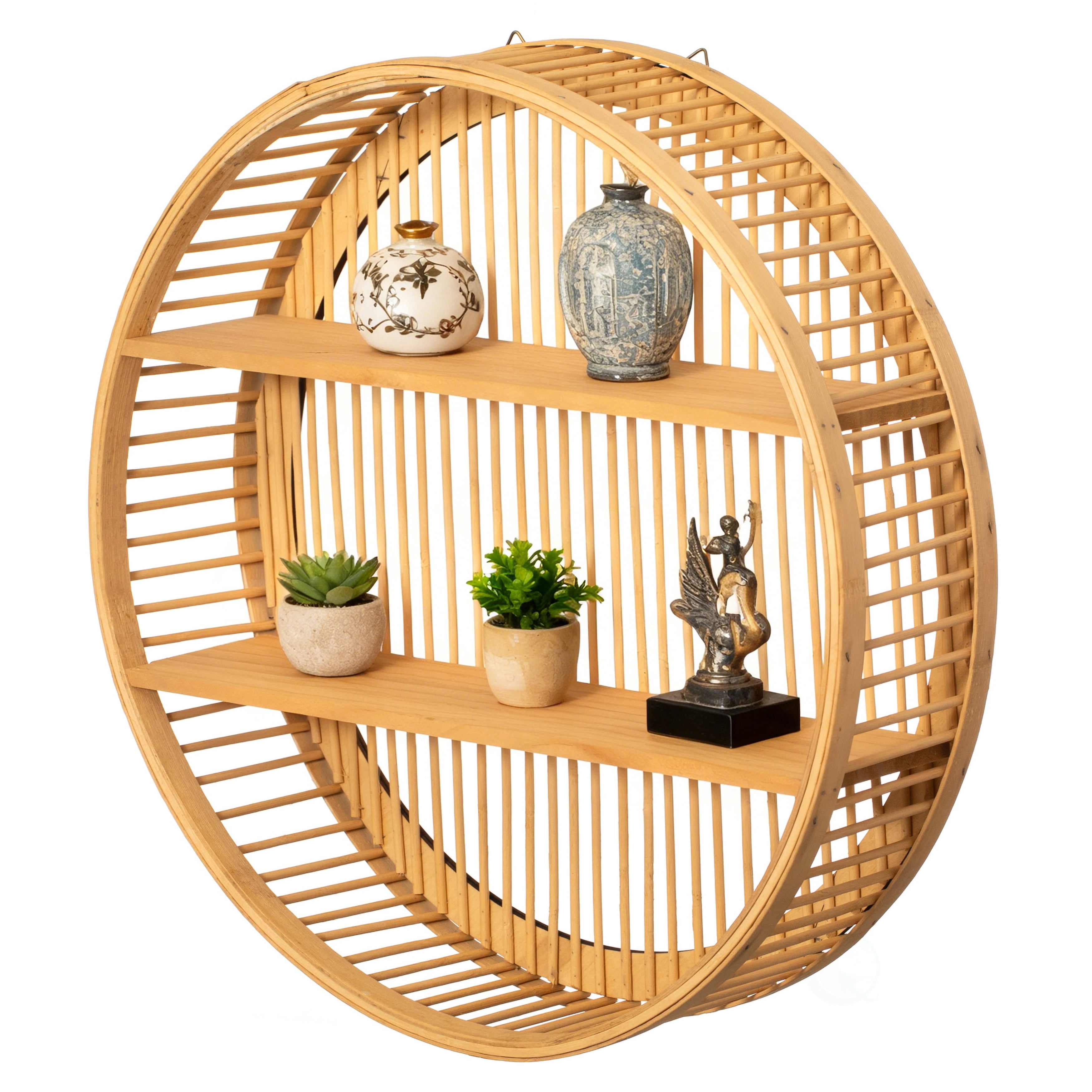 Vintiquewise Round Bamboo Wall Shelf with 2 Wooden Tiers – Natural ...