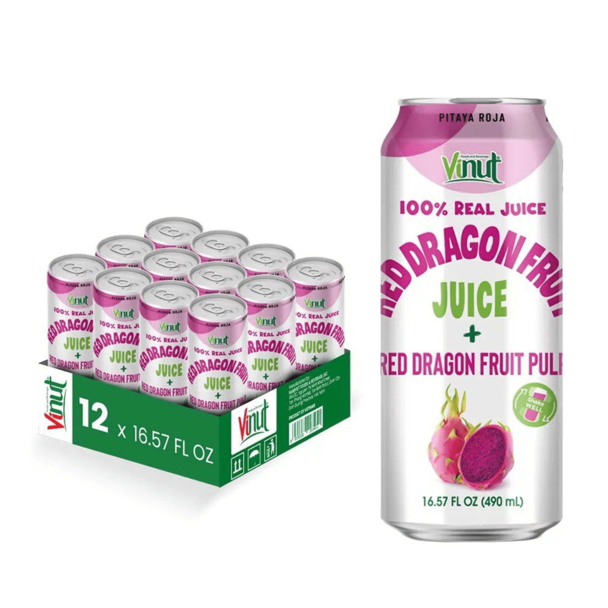 Vinut 100%Red Dragon Fruith Juice With Pulp (16.57 fl oz, Pack 12), No ...