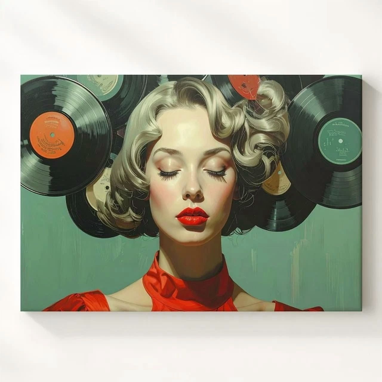 Vinyl Crowned Woman Postersurreal Portrait In Red With Record Hair Wall ...