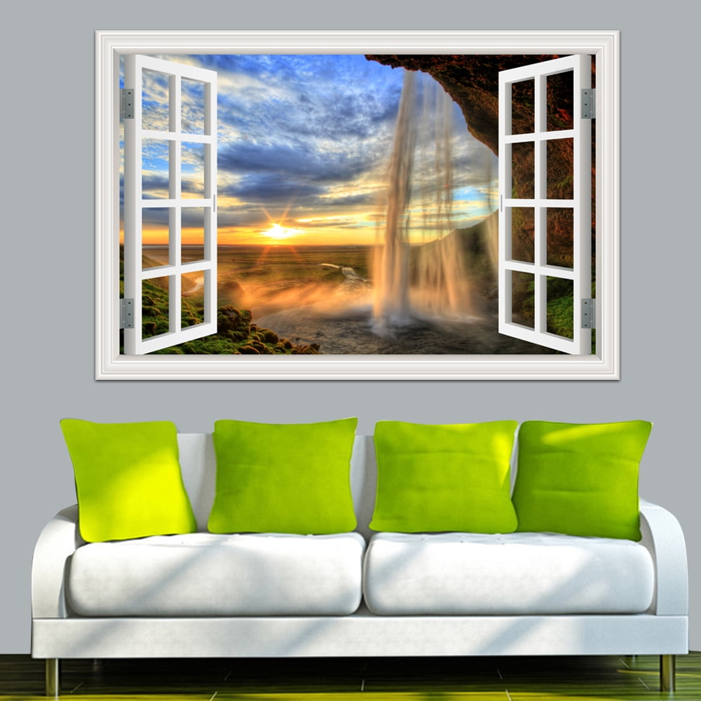 Vinyl Decal Waterfall Tree Fake Window Wall Poster Green Tree Lake Wall ...