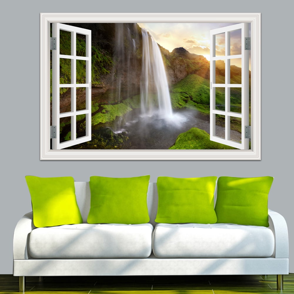Vinyl Decal Waterfall Tree Fake Window Wall Poster Green Tree Lake Wall ...