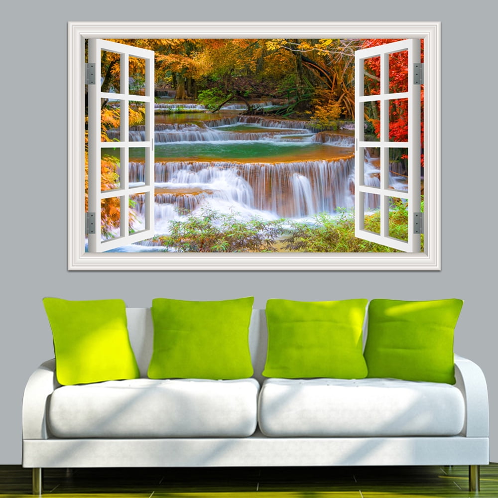 Vinyl Decal Waterfall Tree Fake Window Wall Poster Green Tree Lake Wall ...