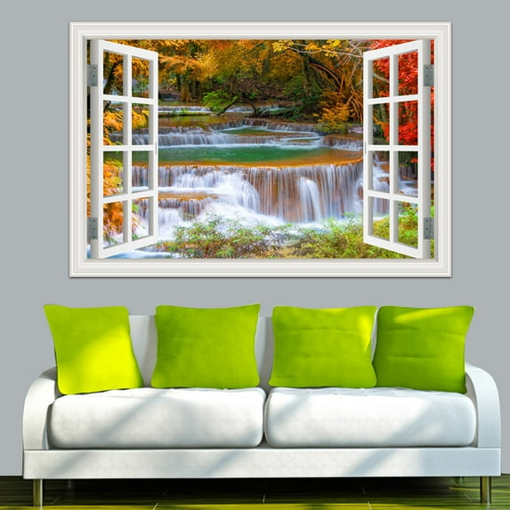 Vinyl Decal Waterfall Tree Fake Window Wall Poster Green Tree Lake Wall ...