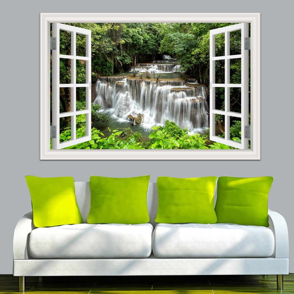 Vinyl Decal Waterfall Tree Fake Window Wall Poster Green Tree Lake Wall ...